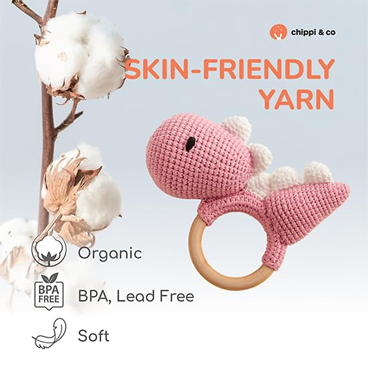 Chippi & Co Wooden Crochet Baby Rattle, Crochet Toys Stuffed Animals Easter Gifts for Kids, Newborn Toys, Unique Easter Basket Stuffers, Basket Filler, Cute Baby Shower Decor (Didi The Pink Dinosaur)