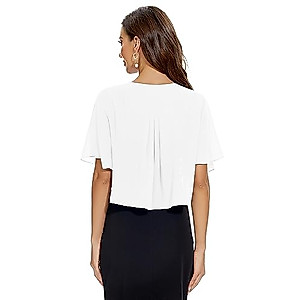 Women Soft Chiffon Shrug Sheer Ruffle Short Sleeve Cropped Bolero Cardigan for Dress(White,M)
