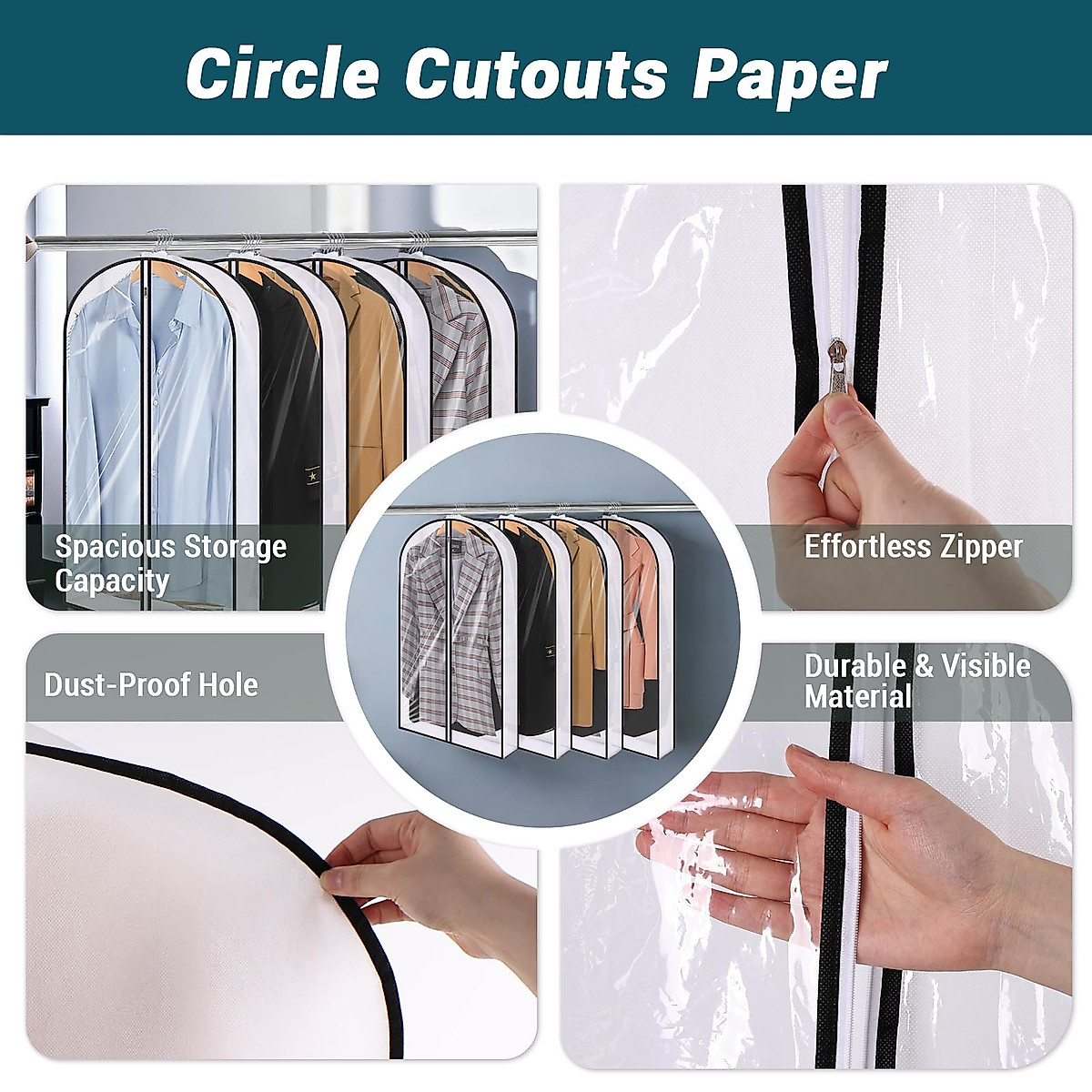 MCPINKY 59inch Garment Bags for hanging clothes, Clear Garment Covers with Suit Bags for Closet Storage Travel Shirts, Coats, Sweater 4PCS