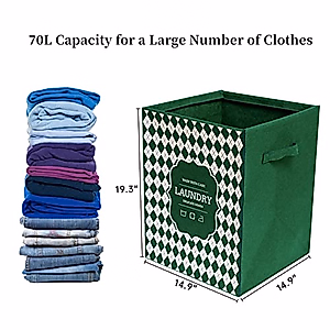 LUFOFOX Felt Collapsible Laundry Basket,70L Large Fabric Kids Laundry Hamper with Handles,Tall Laundry Basket Organizer for Dirty Clothes,Baby Toy Basket,14.9"×14.9"×19.3" Green