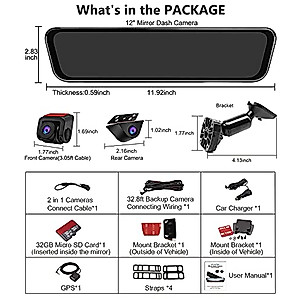 URVOLAX OEM 12" Mirror Dash Cam Voice Control,Car Backup Rear View Mirror Camera with Detached Front Lens,1296P Full HD Digital Rearview Dual Split Screen,Night Vision,Parking Assist,GPS