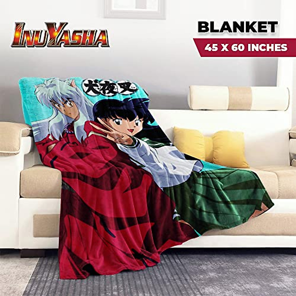 JUST FUNKY Inuyasha Fleece Throw Blanket | 45” x 60” Inches | Featuring Half Dog Demon and Half Human Inuyashaand Kagome | Bed Couch Decor | Officially Licensed