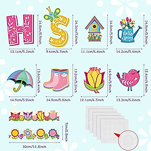 67 Pcs Hello Spring Cutouts, Spring Bulletin Board Decoration Set Flower Accents DIY Paper Cutouts with 100Pcs Glue Points Seasonal Classroom Decor for School Kindergarten Spring Party Supplies