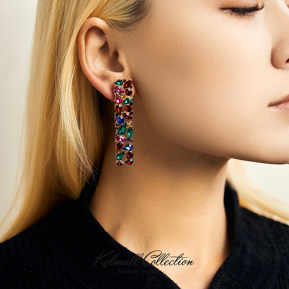 KELMALL Elegant Rhinestone Rectangle Earrings Trendy Crystal Geometric Drop Dangle Statement Earrings for Women