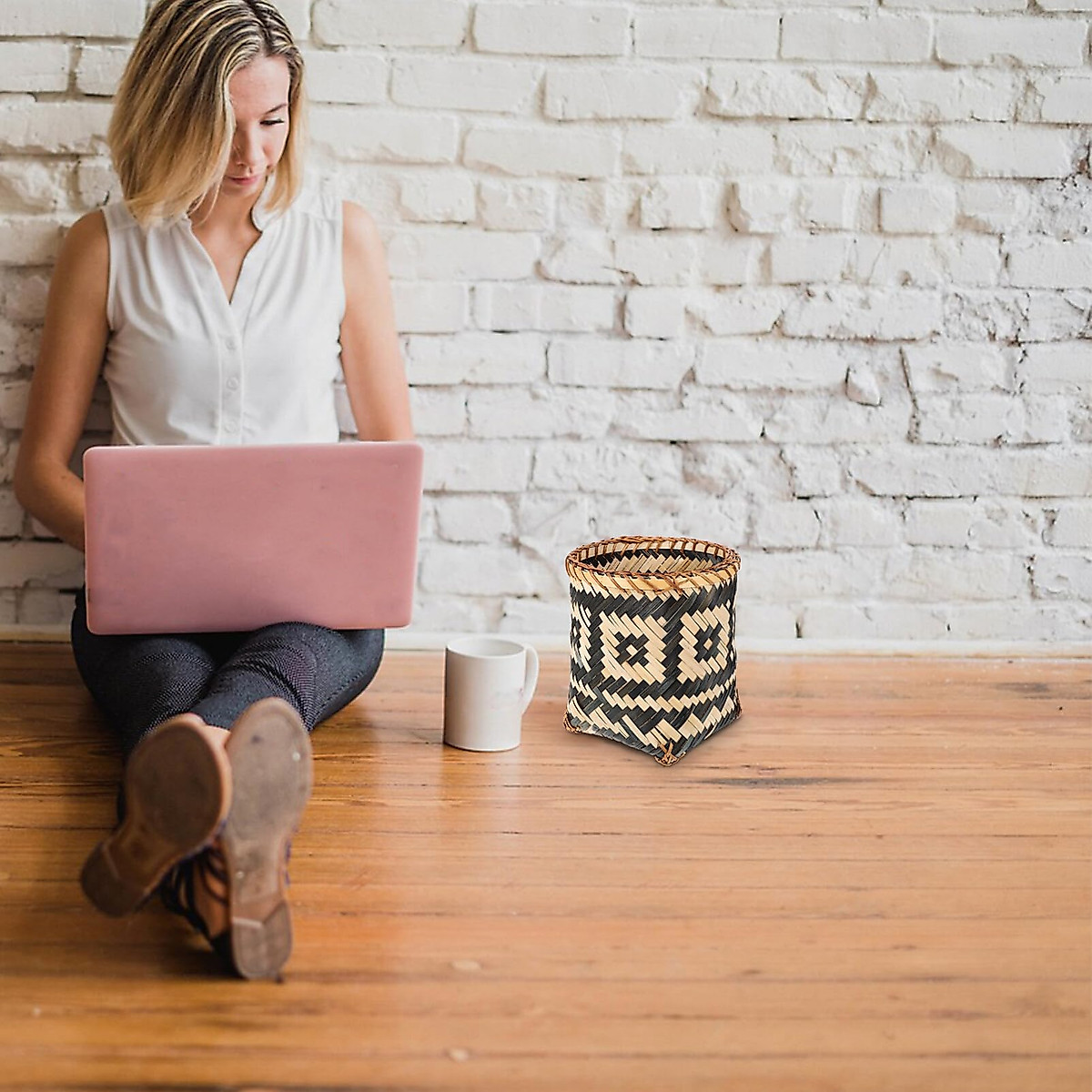 BESTOYARD Bamboo Woven Trash Can, Wicker Waste Basket Round Garbage Cans Flower Arrangement Basket Magazine Holder Laundry Basket Rattan Garbage Bin Farmhouse Decor