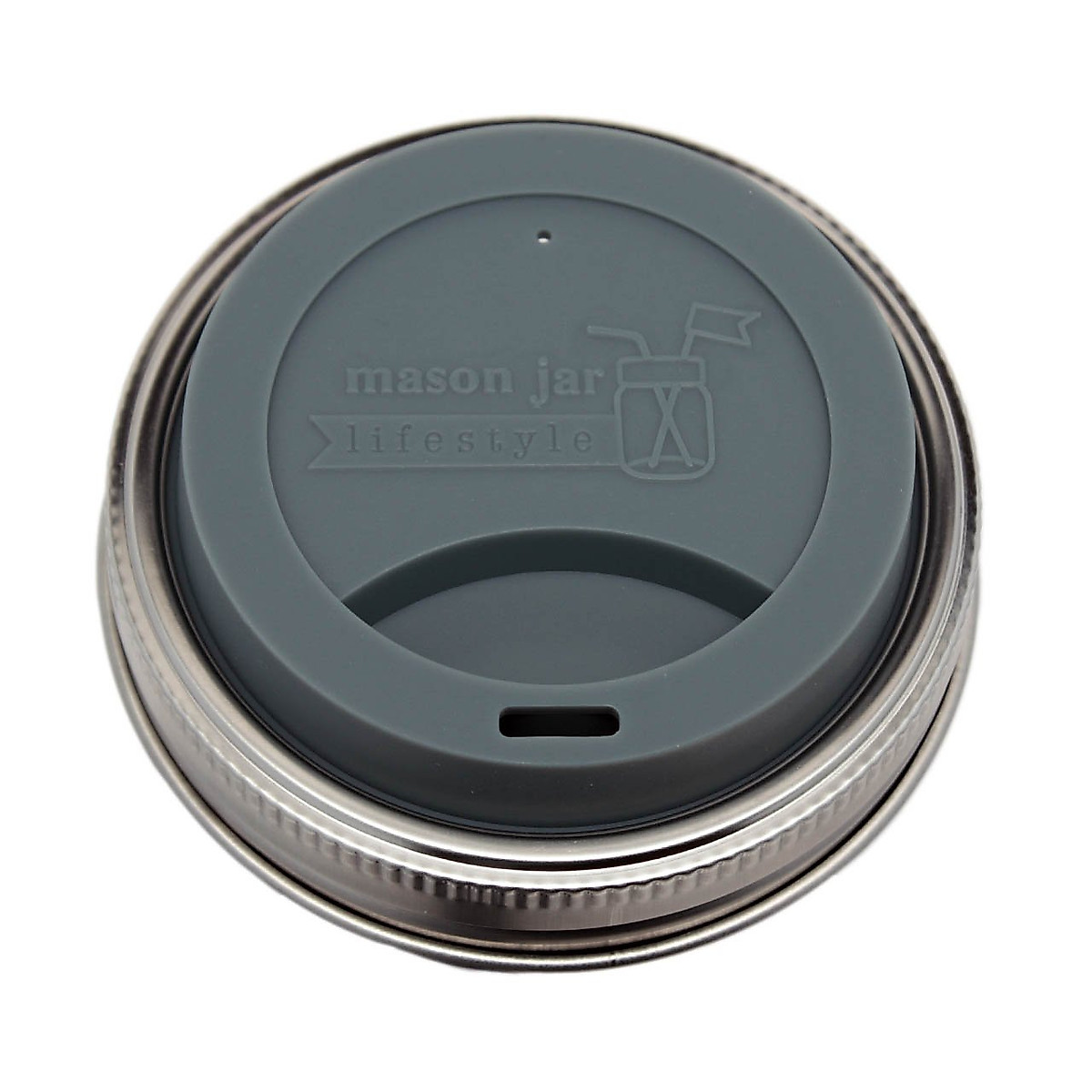 Silicone Drinking Lids with Rust Proof Stainless Steel Bands by Mason Jar Lifestyle (2 Pack, Charcoal Gray, Wide Mouth)