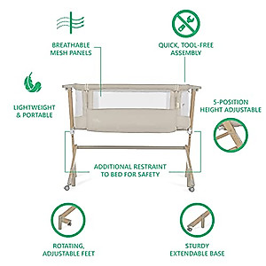 Evolur Stellar Bassinet and Bedside Sleeper, Easy to Fold and Carry, Lightweight and Portable Baby Bassinet, Height Adjustable, Mattress Pad Included, Beige