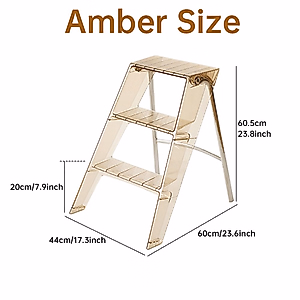 Folding Step Stool for Adults, 3 Step Ladder for Kitchen, Library Step Stool Acrylic Chair with Anti-Slip Platform and Steel Frame, Storage Shelf for Garden, 170lbs Capacity (Amber)