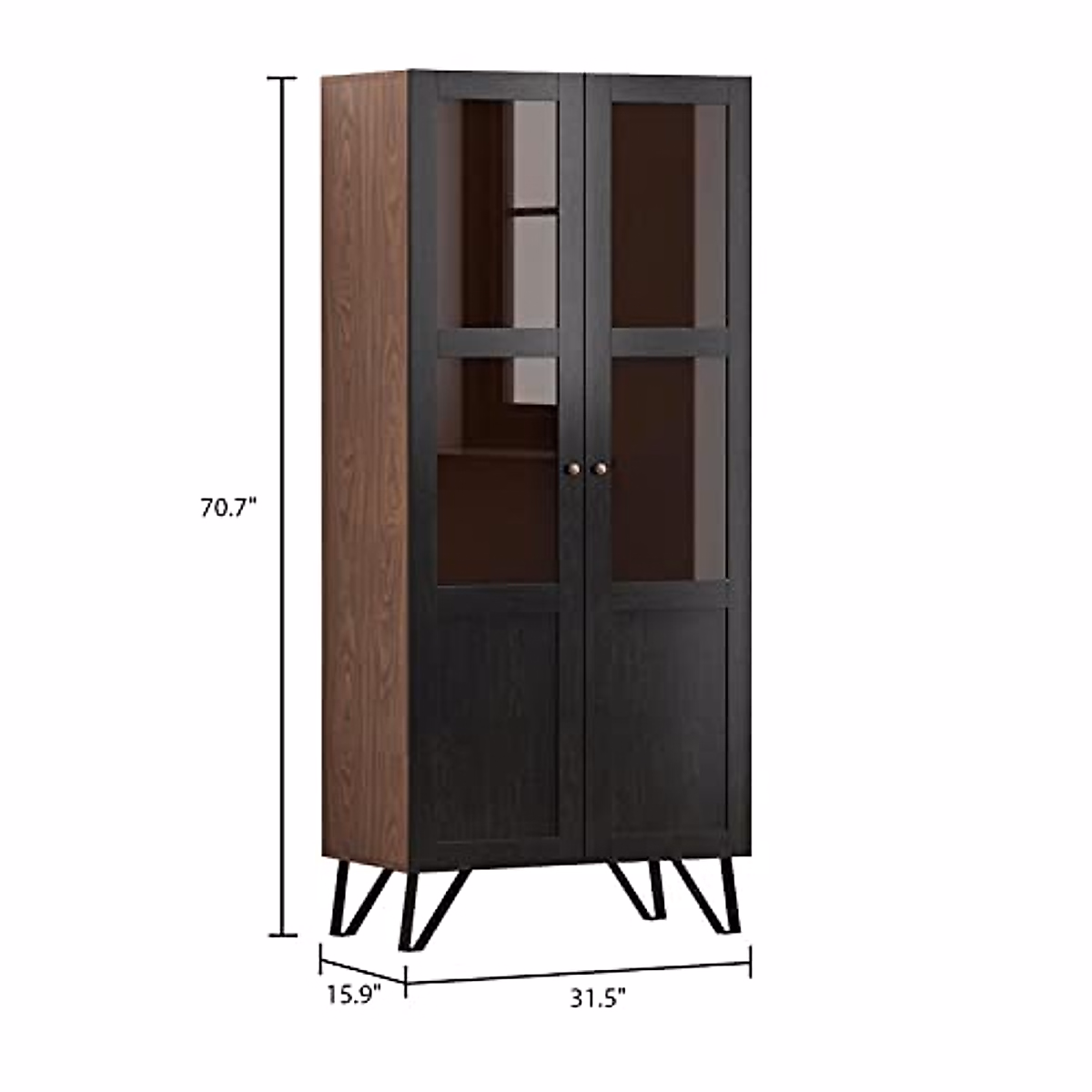 ECACAD 3-Tier Tall Bookcase Storage Cabinet with 2 Acrylic Glass Doors, Wood Bookshelf Display Cabinet with Metal Legs for Living Room & Office, Brown and Black (31.5”L x 15.9”W x 70.7”H)
