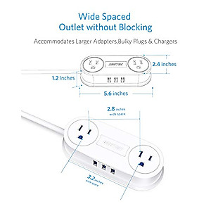 Small Power Strip with 3 USB Ports, BESTEK 2 Outlet Portable Plug Strip Charging Station with Adhesive Sticker, 5 Ft Extension Cord, Ultra-Compact for Cruise Ships, Dorm Room,Travel, Bedside, Office