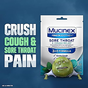 Mucinex Instasoothe Sore Throat Relief + Cough Relief, Sore Throat Lozenges, Cough Drops with Dextromethorphan HBr & Hexylresorcinol, Alpine Herbs & Fresh Mint Flavor Medicated Throat Drops, 40ct