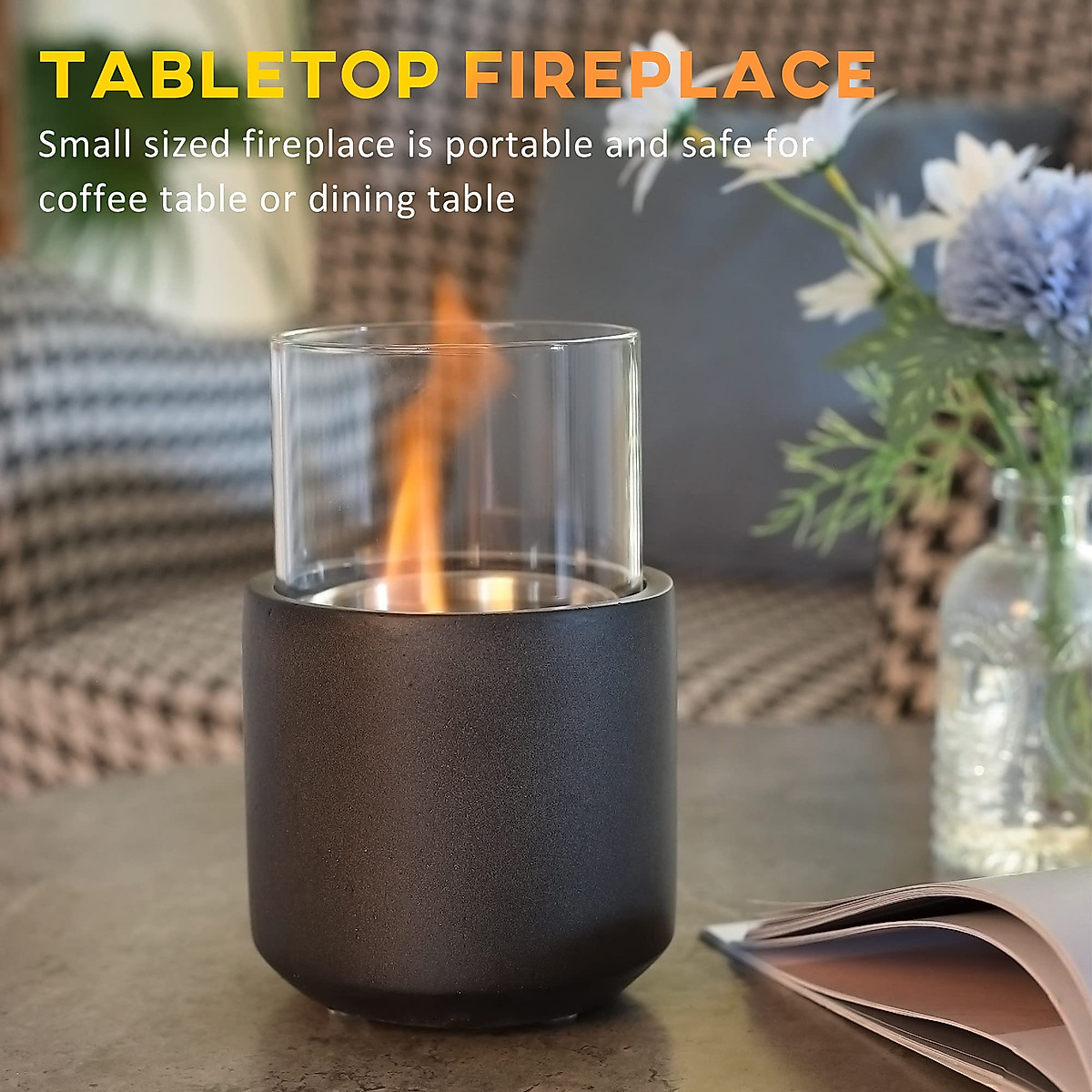 HOMCOM Tabletop Fireplace, Mini Concrete Ethanol Fire Bowl with Lid, Burns up with Liquid Alcohol and Solid Tablet Alcohol, Dark Grey