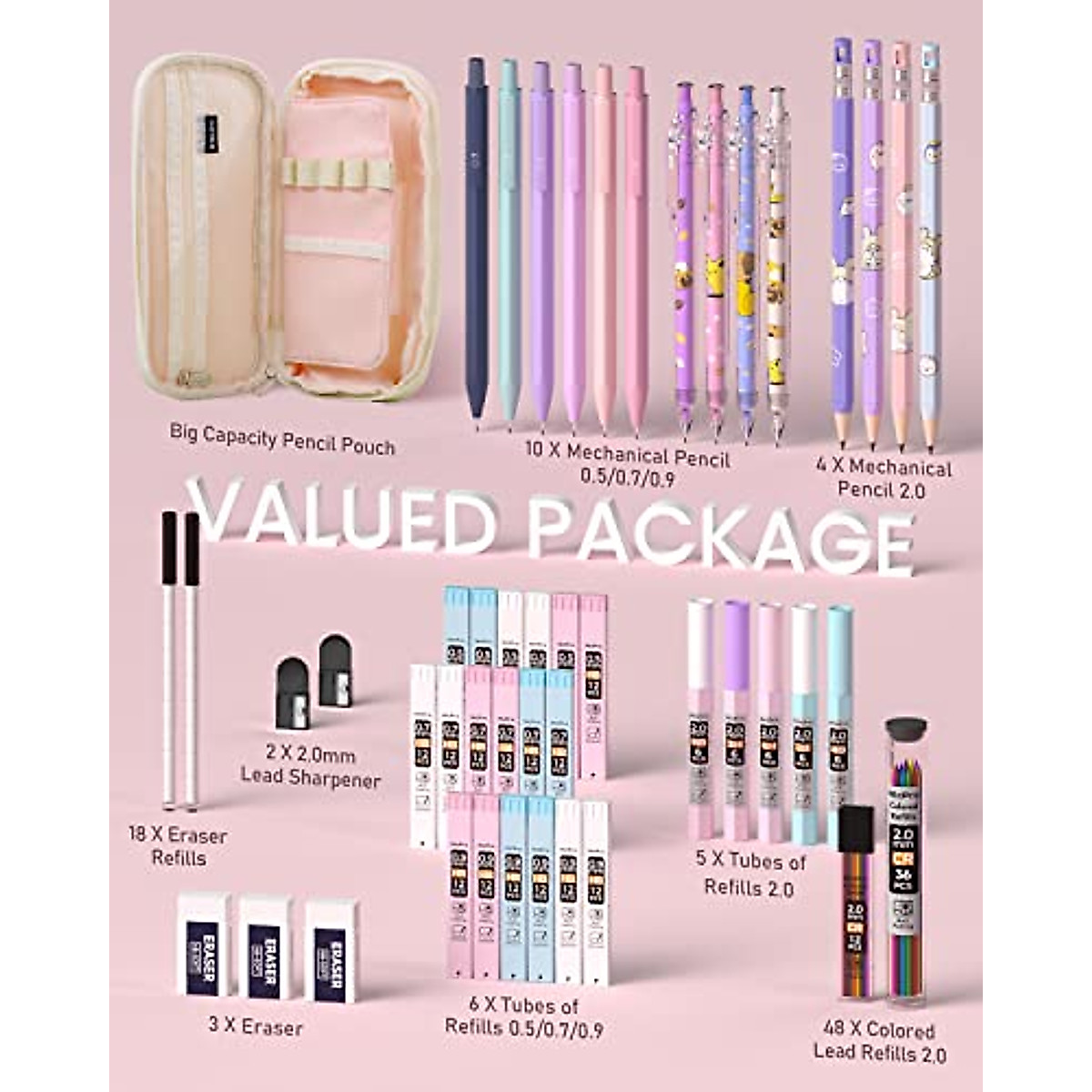 Nicpro 47PCS Aesthetic School Supplies in Big Capacity Pen Case, Cute Pastel Mechanical Pencils 0.5, 0.7, 0.9 & 2mm Lead Holder with 25 Tube Lead Refills 4B 2B HB 2H Color, Erasers for Student Writing