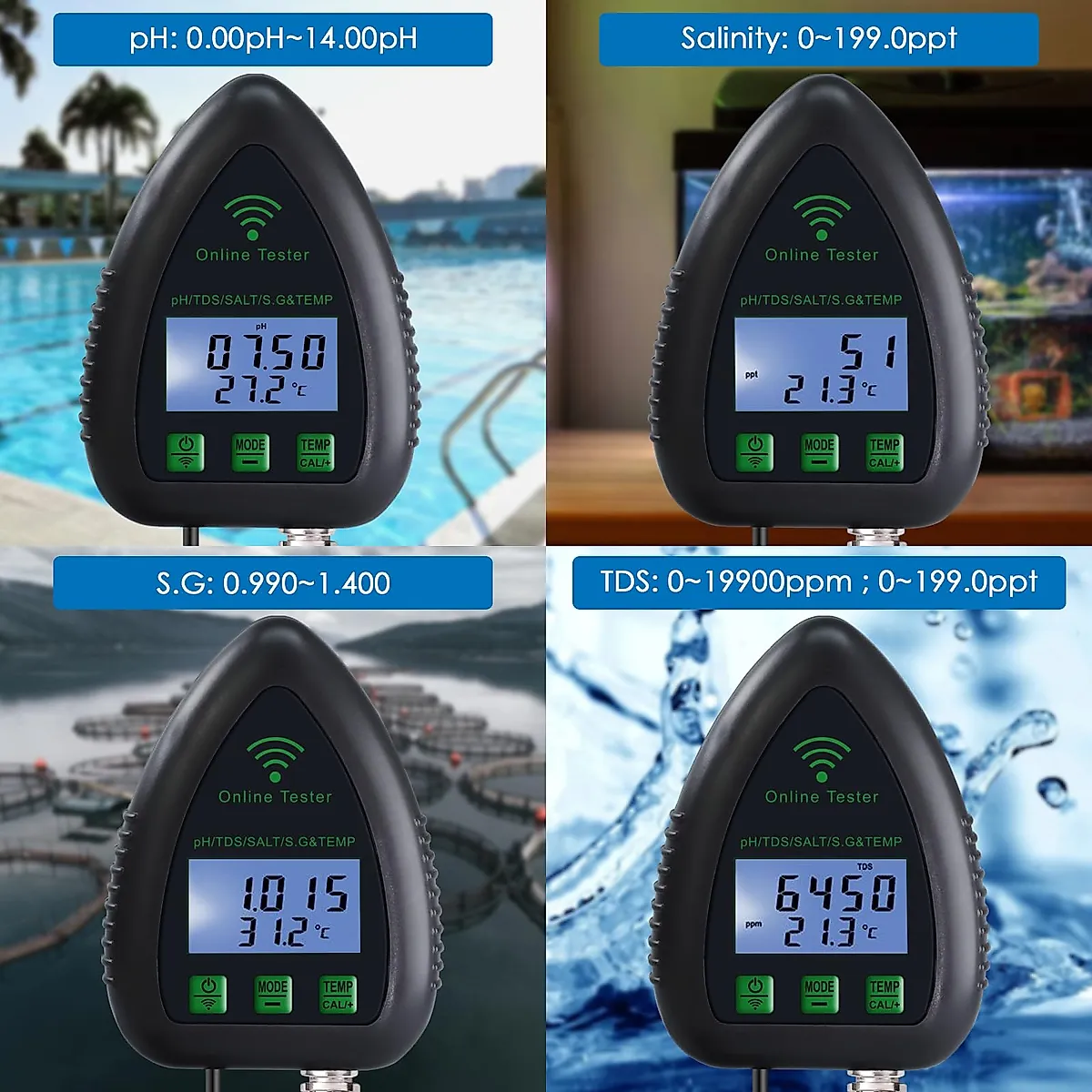 5-in-1 WiFi pH Monitor, Water Quality Tester, pH/S.G/TDS/Salt/Temperature 24/7 Online Hydroponic Monitoring WiFi Tester with Data Logging and Alarm for Aquarium Fish Pond Saltwater Pool