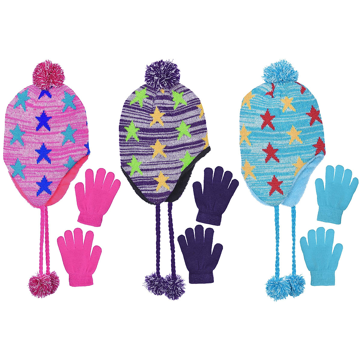 Girls Fleece Lined Knit Pom Beanie & Gloves Set with Warm Ear Flaps for Winter (Pink)