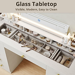 IRONCK Vanity Desk with Mirror and LED Lights, Makeup Vanity with 11 Drawers and Power Outlet, 45" Glass Top Vanity Table with Storage Stool, Adjustable Brightness, Vanity Set for Bedroom, White