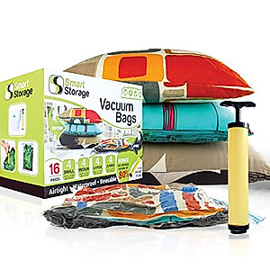 16 Pack Vacuum Storage Bags, Space Saver Bags (4 Jumbo/4 Large/4 Medium/4 Small) Vacuum Sealer Bags for Clothes Storage with Travel Hand Pump