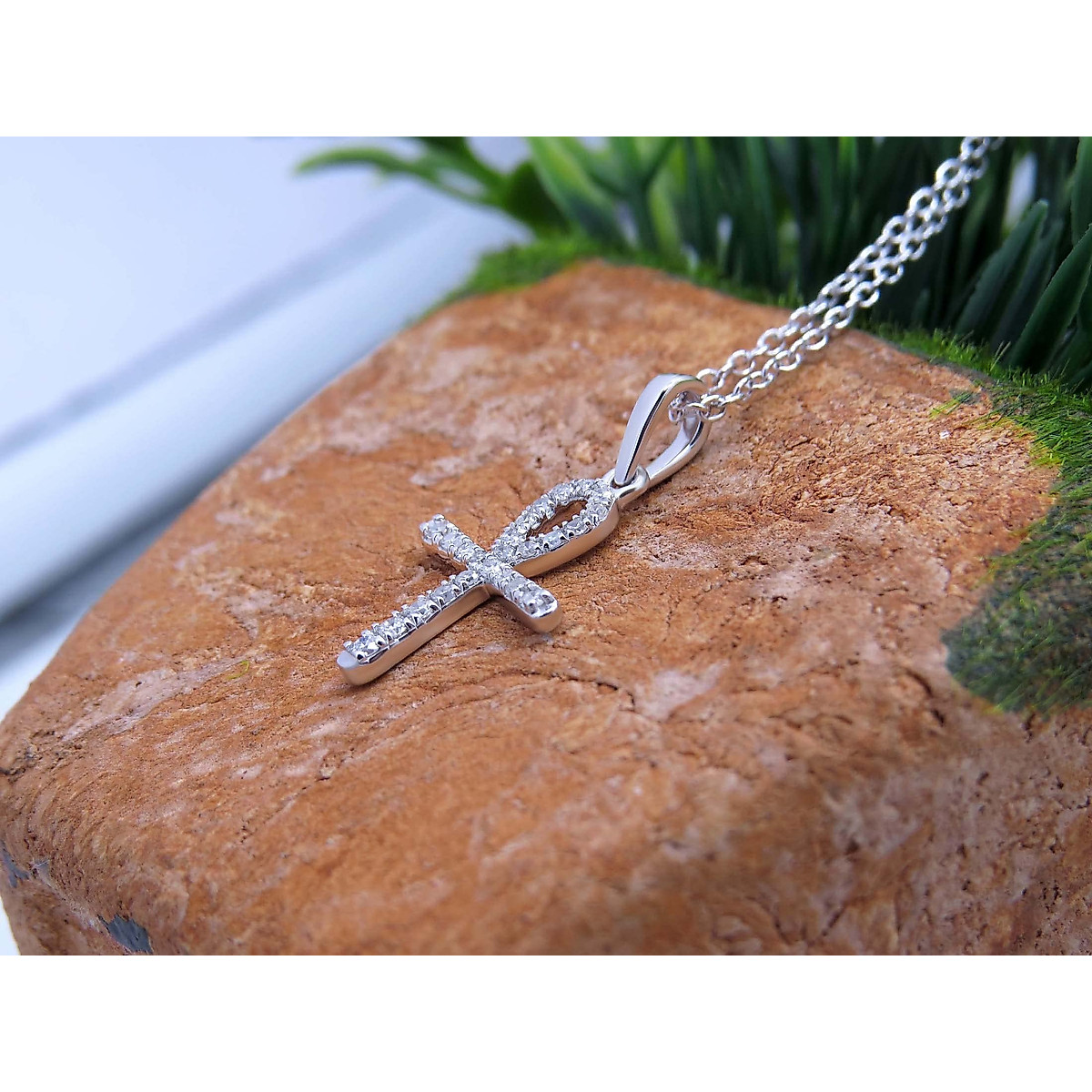Dazzlingrock Collection Round White Diamond Ankh Cross Pendant for Women with 18 inch Silver Chain (0.16 Ctw) in 14K White Gold