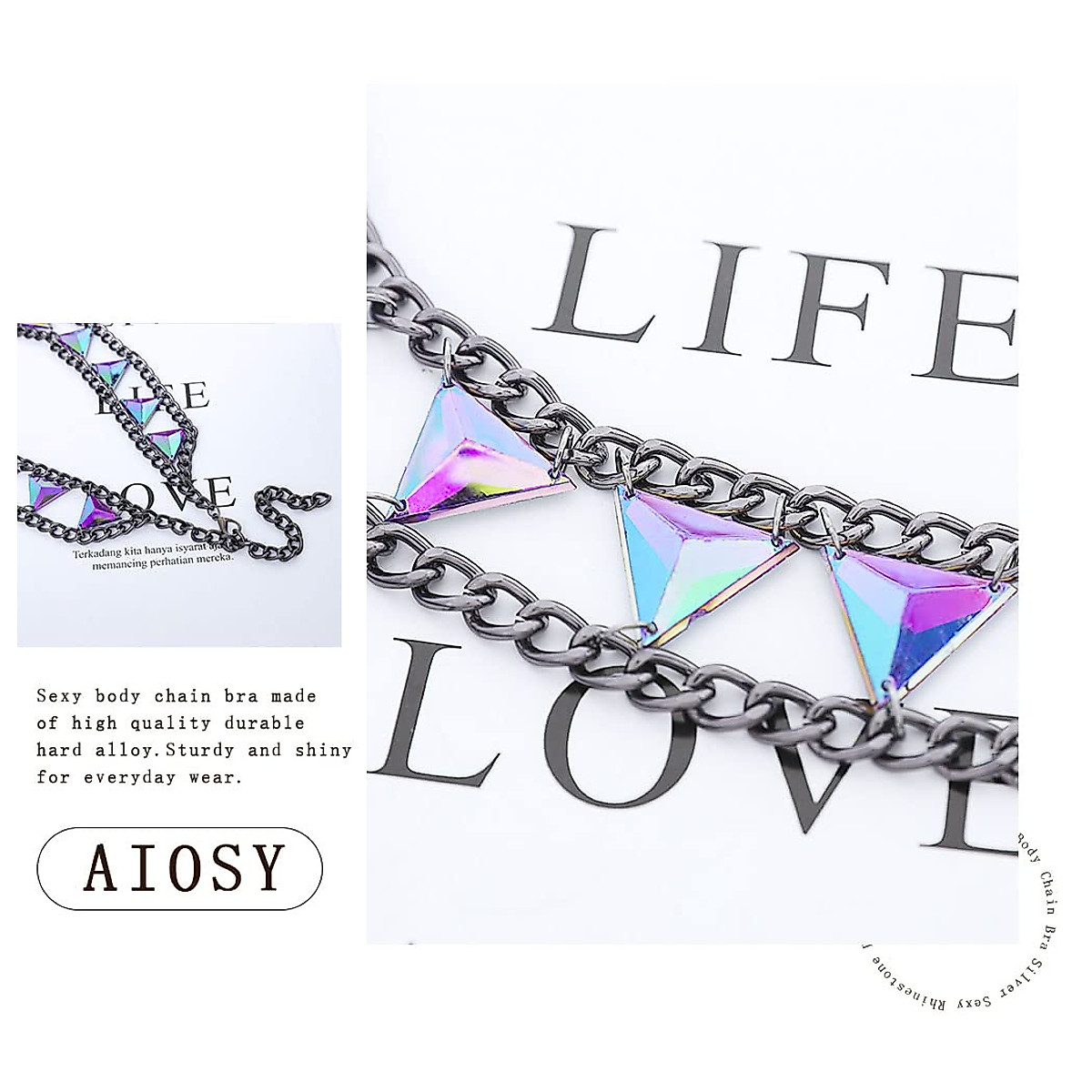 Aiosy Boho Body Chain Bra Silver Sexy Rhinestone Bikini Bra Body Halter Backless Sequins Chain Bra Beach Body Accessories Jewelry for Women (Top)
