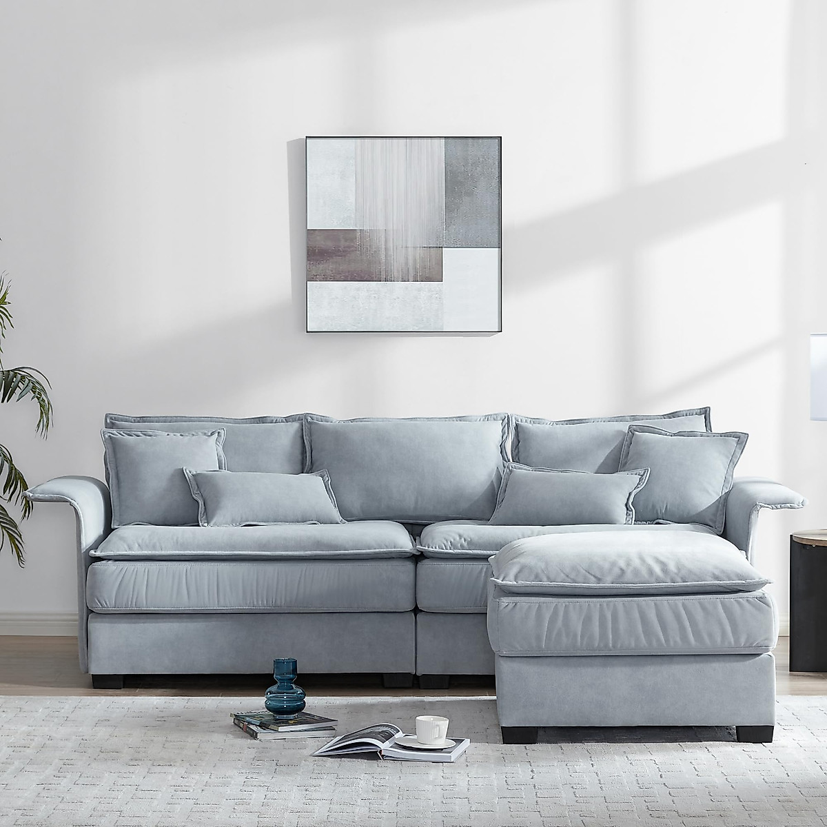 DEINPPA Sectional Sofa with Bentwood Armrests, Modern Deep Seat Sofa Couch with Ottoman, Tech Cloth Upholstered Sleeper Sofa, Comfy Furniture for Living Room, Apartment, Studio, Office-Blue