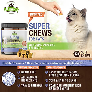 Strawfield Pets Super Chews for Cats - Lysine, Probiotics, Omega 3 Fish Oil (Salmon Oil), Catnip - Supports Immune, Gut, Skin & Joint Health - 120 Hickory Bacon Salmon & Liver Flavored Softchews