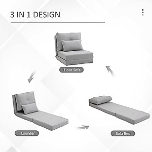 HOMCOM Convertible Flip Chair, Floor Lazy Sofa, Folding Upholstered Couch Bed with Adjustable Backrest, Metal Frame and Pillows for Living Room Bedroom, Light Grey
