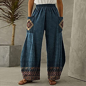 July 4 Wide Leg Pants for Women Dressy Petite Women Casual Fashion Print Loose Elastic Waist Harem Pants Pocket Floral Pants Womens Yoga Pants with Pockets Tummy Control July 4 Dress Pants Women