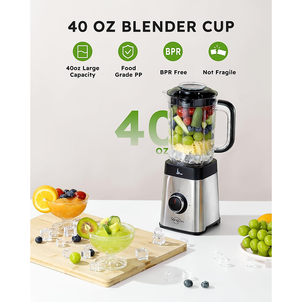 Sangcon Blenders and Food Processor Combo for Kitchen, 5 in 1 Blender for Shakes and Smoothies, Meat Chopped, Grinding & more, 40 oz Jar & 17oz Cup with To-Go Lid, Stainless Steel Silver