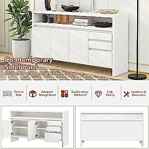 60" Sideboard Storage Cabinet Modern MDF Buffet Cabinet with Double-Storey Tabletop, 3 Door & 3 Drawer Kitchen Pantry Cupboard Entryway Console Cabinet for Hallway Living Room