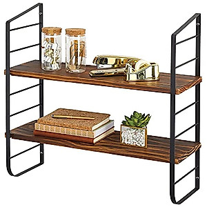 mDesign 2-Tiered Floating Shelf – Long Bookshelf with Rust-Resistant Metal Brackets – Wall Shelf for Bathroom, Kitchen, Office etc. – Black/Natural