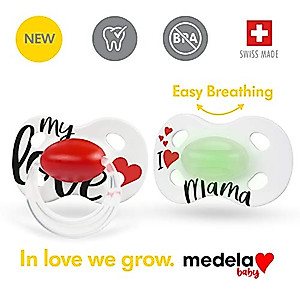 Medela Baby Pacifier | Day and Night Glow in The Dark | 0-6 Months | 2-Pack, Lightweight | BPA-Free | Supports Natural Suckling | My Love and I Love Mama