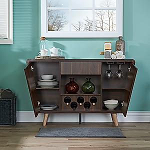 ioHOMES Gwendalynn Mid-century Buffet Server with Handless Drawer Storage, Wine Rack and Side Cabinets, Dark Walnut