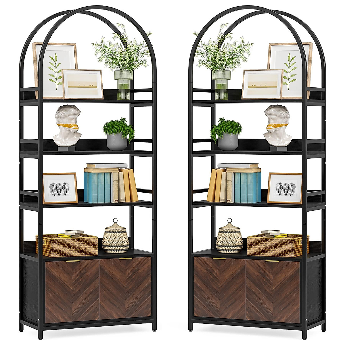 Tribesigns 2PC Bookshelf with Door, 75.9 Inch Tall Etagere Bookcase with Storage Cabinet Shelf, 4-Tier Display Shelf for Bedroom Living Room (Black, 2PC)