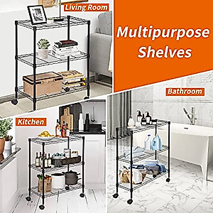 YRLLENSDAN 3 Tier Shelf, Small Closet Shelving Adjustable Shelving Unit Kitchen Storage Shelves with Wheels, Heavy Duty Steel Organizer Wire Rack, Black (32" H x 23" W x 13" D)