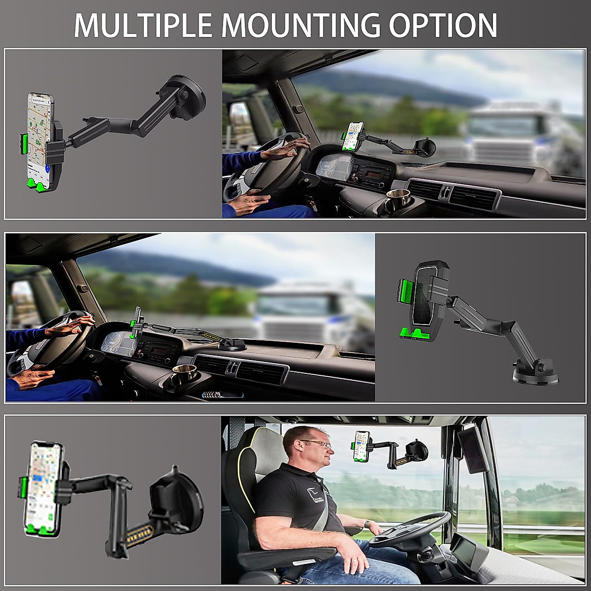WUITIN Truck Phone Holder Mount,Heavy Duty Phone Holder for Truck Dashboard Windshield,16.9 inch Long Arm, Strength Suction Cup Anti-Shake,Compatible with All Phone and Pickup Truck,Semi Truck