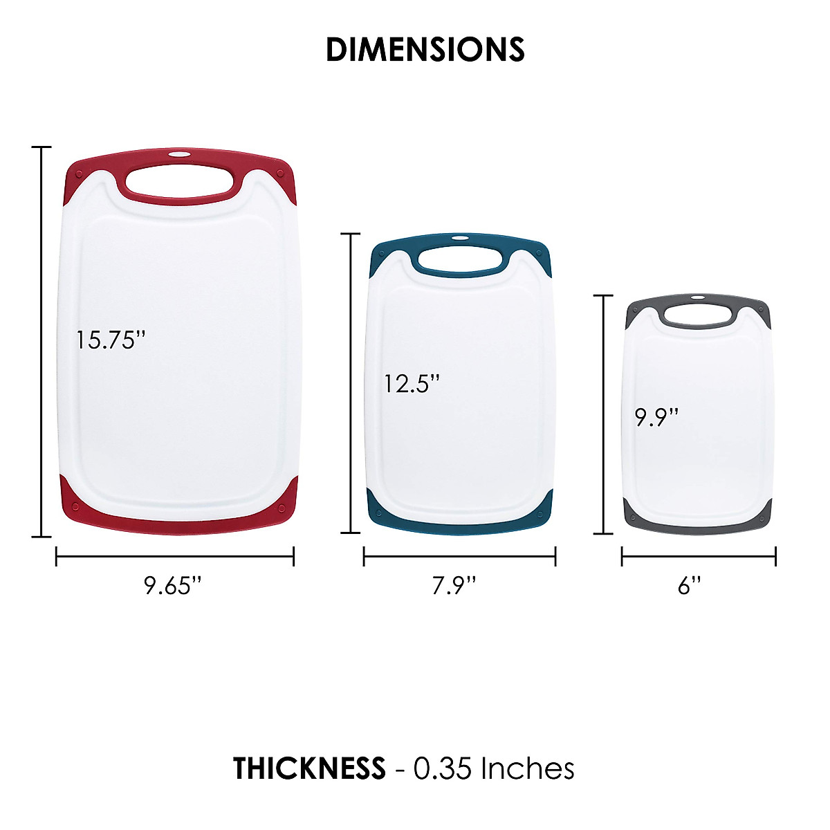 CHEF GRIDS Durable Plastic Cutting Board Set, Chopping Board Thick Plastic, for Vegetable Meat or Cheese with Non-Slip Feet and Handles with Juice Groove (Red, Blue, Grey)