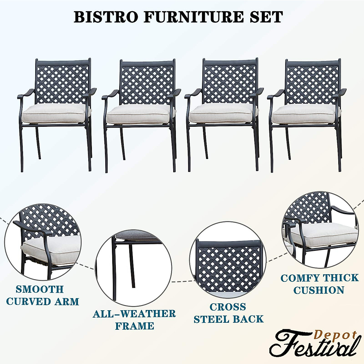 Festival Depot 5 Piece Patio Dining Set of 4 Armchairs with Cushions and Round Black Table with 2.04" Umbrella Hole Wrought Iron Outdoor Furniture for Deck Lawn Poolside (Beige)