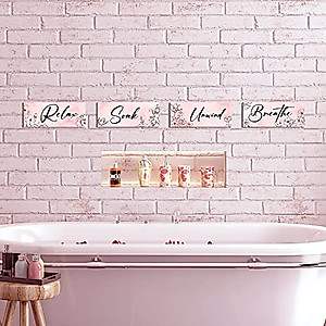 Creoate Pink Bathroom Wall Decor 4 Pieces Relax Soak Unwind Breathe Minimalist Bathroom Signs Floral Print Wooden Hanging Wall Decor for Women Small Farmhouse Home Bathroom