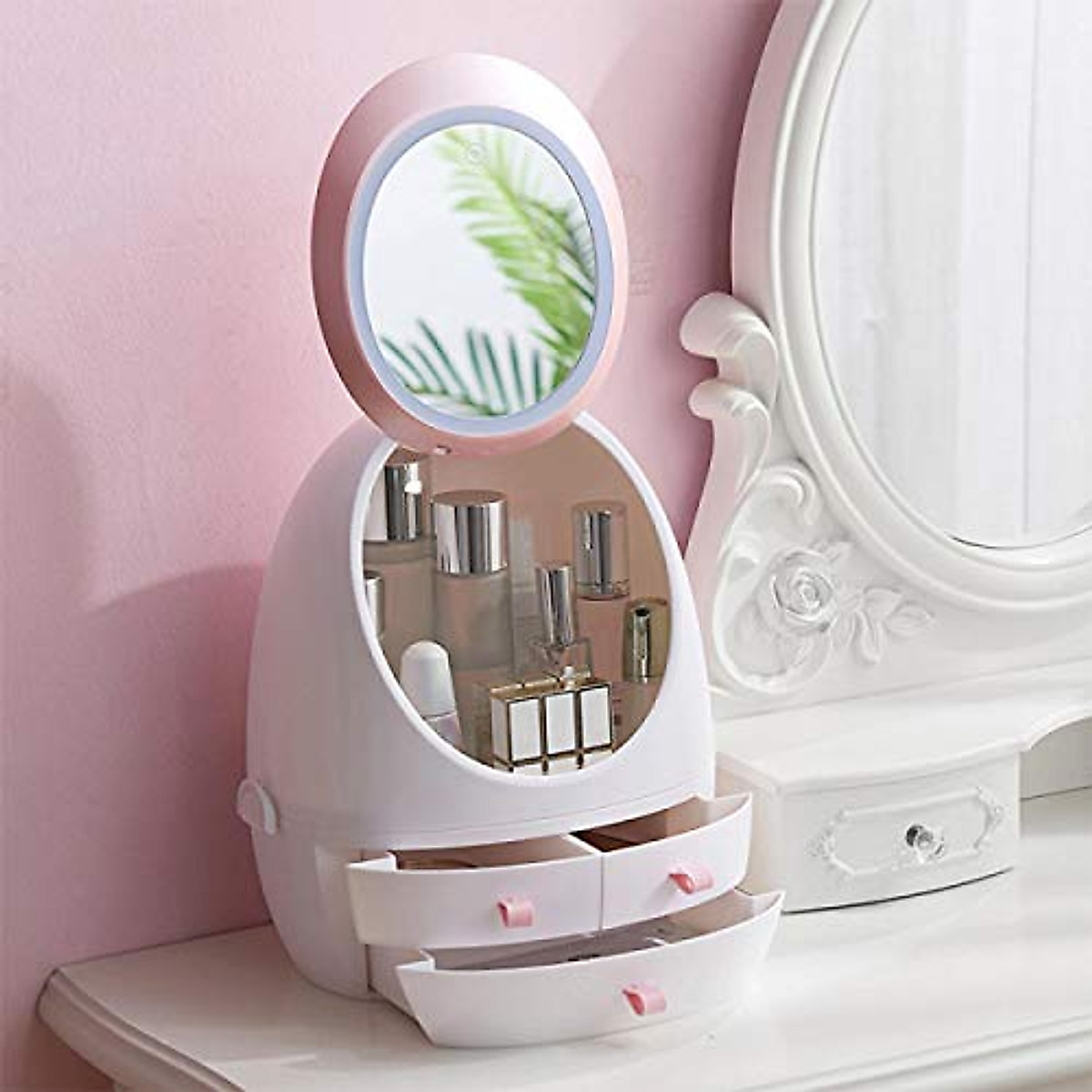 FQYYDD Illuminated Makeup Mirror Usb Cosmetics Storage Box Dust Drawer Makeup Mirror With Led Light
