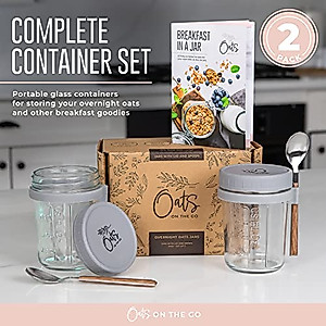 Overnight Oats Container 2-Pack - 10-Oz Glass Mason Jars w/ Spoons & Recipe Book