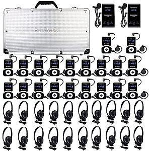 Retekess T130 Wireless Tour Guide System,Tour Guide Headsets with Full Ear Headphone,32-Slot Charging Case, Assistive Listening Devices for Factory, Manufacturing (2 Transmitters 20 Receivers