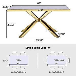 AZhome 63 inches Rectangular Dining Table, Modern Dining Room Table with Gold Stainless Steel Metal X-Base in Black Gold