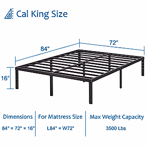 COMASACH California King Bed Frame 16 Inches Tall, Heavy Duty Metal Platform Bed Frame,Sturdy Steel Frame,Support up to 3500lbs,No Box Spring Needed,Noise-Free, Easy to Assemble