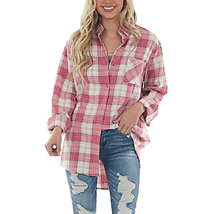 Jug&Po Womens Casual Cuffed 3 4 Long Sleeve Plaid Button Down Shirts Blouse Tops (Small, Bright Pink)