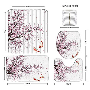 4 Pcs Cherry Blossom Shower Curtain Sets,Pink Floral Plum Blossom Blooming Spring Asian Japanese 70&quot;x 70&quot; Bathroom Curtain with 12 Hooks,29.5&quot;x 17.8&quot; Bath Mat,Toilet Seat Cover, U-Shaped Toilet