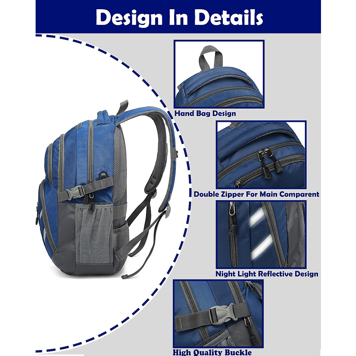 ProEtrade Backpack Bookbag for College Laptop Travel,Fit Laptop Up to 15.6 inch with USB Charging Port Multi Compartment Anti theft, Gift for Women Men (Blue)