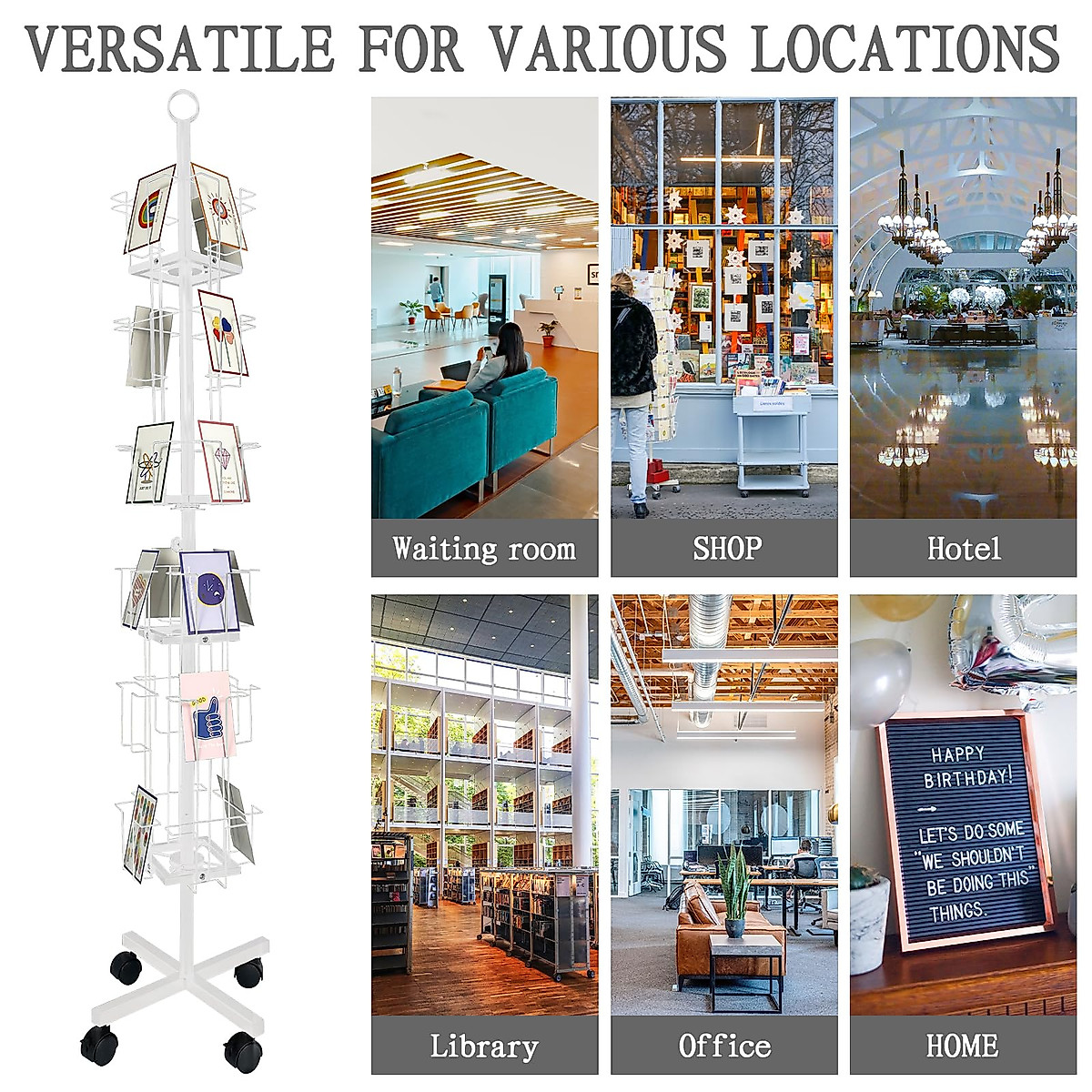 Tongmo Greeting Card Rack: Enhance Your Display with a 24-Pocket Rotating Countertop Solution for Postcards, Brochures, and Greeting Cards (White, 65”H - 24 Pockets)