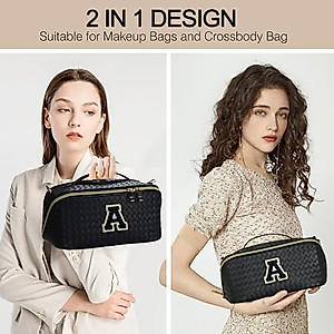 YOOLIFE Initial Travel Makeup Bag - Make Up Bag PU Leather Cosmetic Bag Travel Toiletry Bag for Women Cute Makeup Bag Black Make Up Bags for Women Large Makeup Bag Unique Birthday Gifts Black N