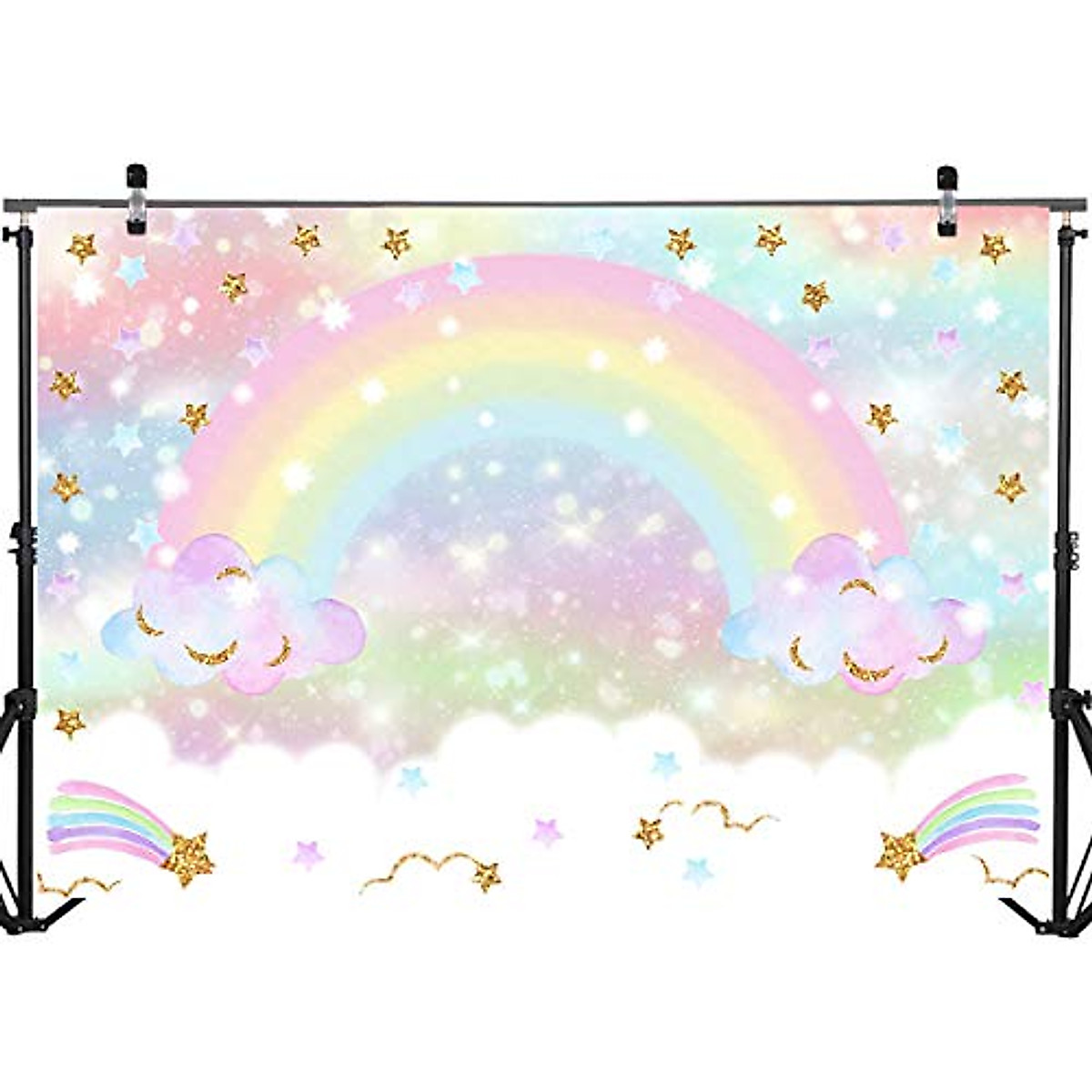 Mocsicka Rainbow Backdrop 7x5ft Pastel Rainbow Birthday Cloud Glitter Stars for Kids' Party Decorations Cake Table Banner Rainbow Baby Shower Photography Background