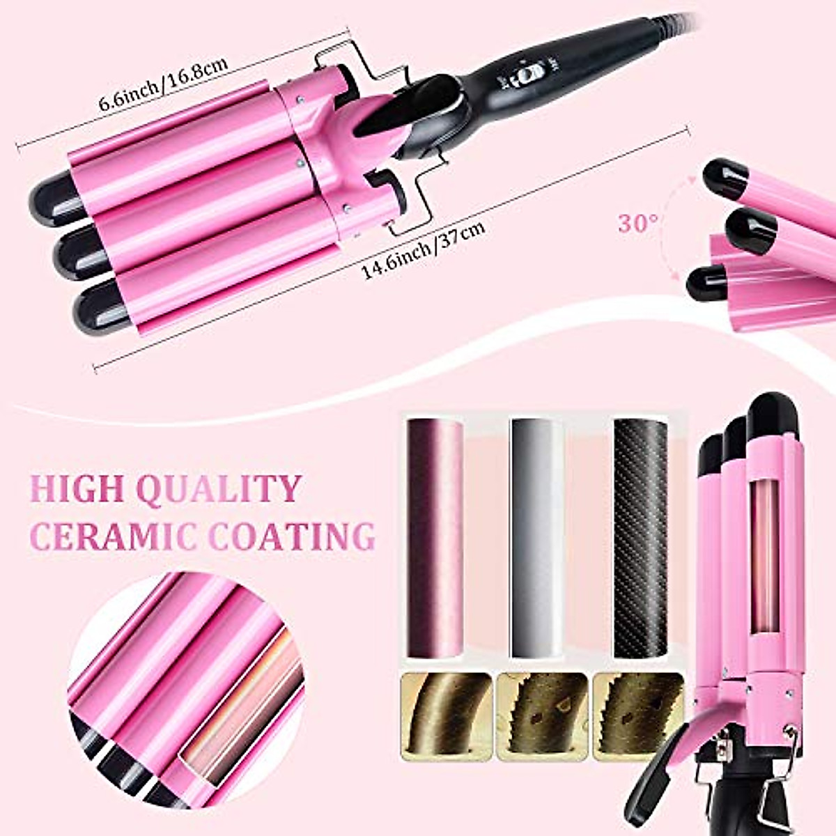 3 Barrel Curling Iron-Dual Voltage Hair Crimper,1 Inch Ceramic Tourmaline with Temperature Adjustable Hair Waver Style Tool(Pink)